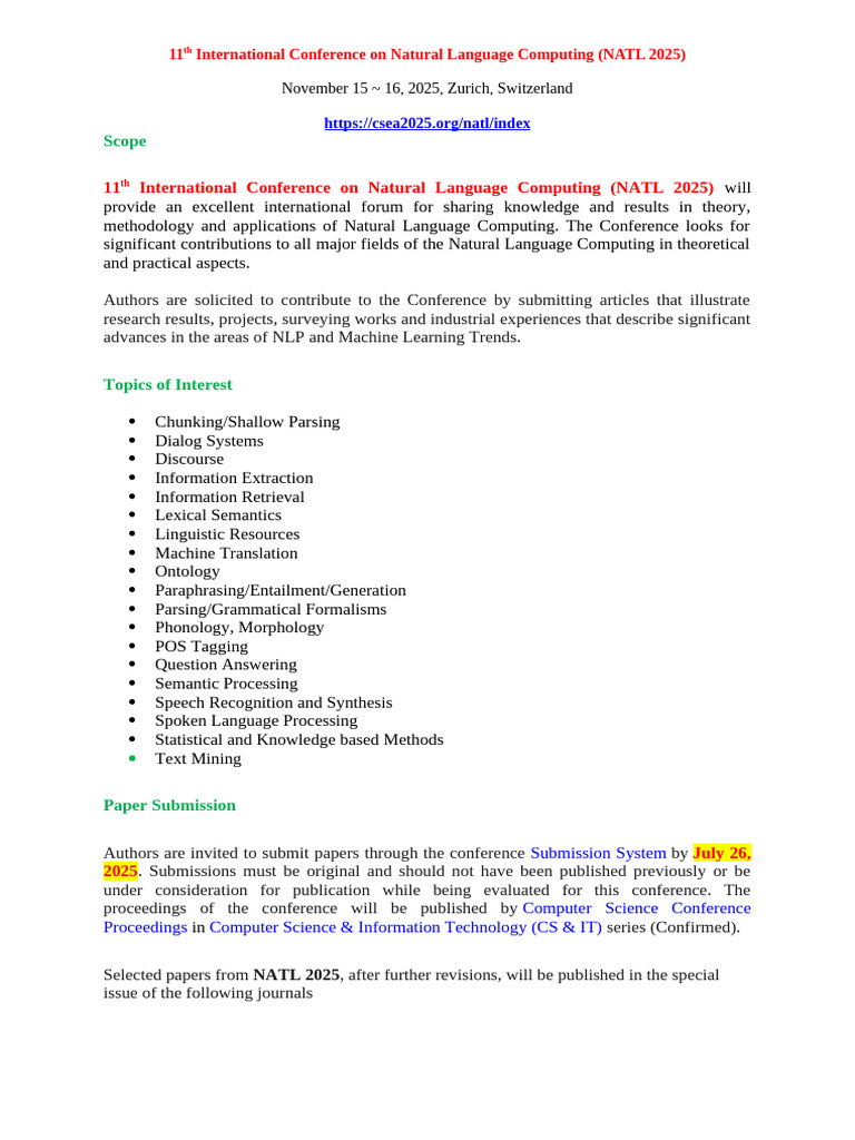 CFP: 11th International Conference On Natural Language Computing (NATL 2025) | PDF | Semantics ...