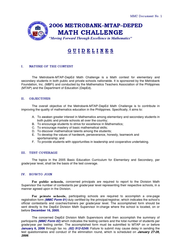 Math Challenge: 2006 Metrobank-Mtap-Deped | PDF | Competition ...