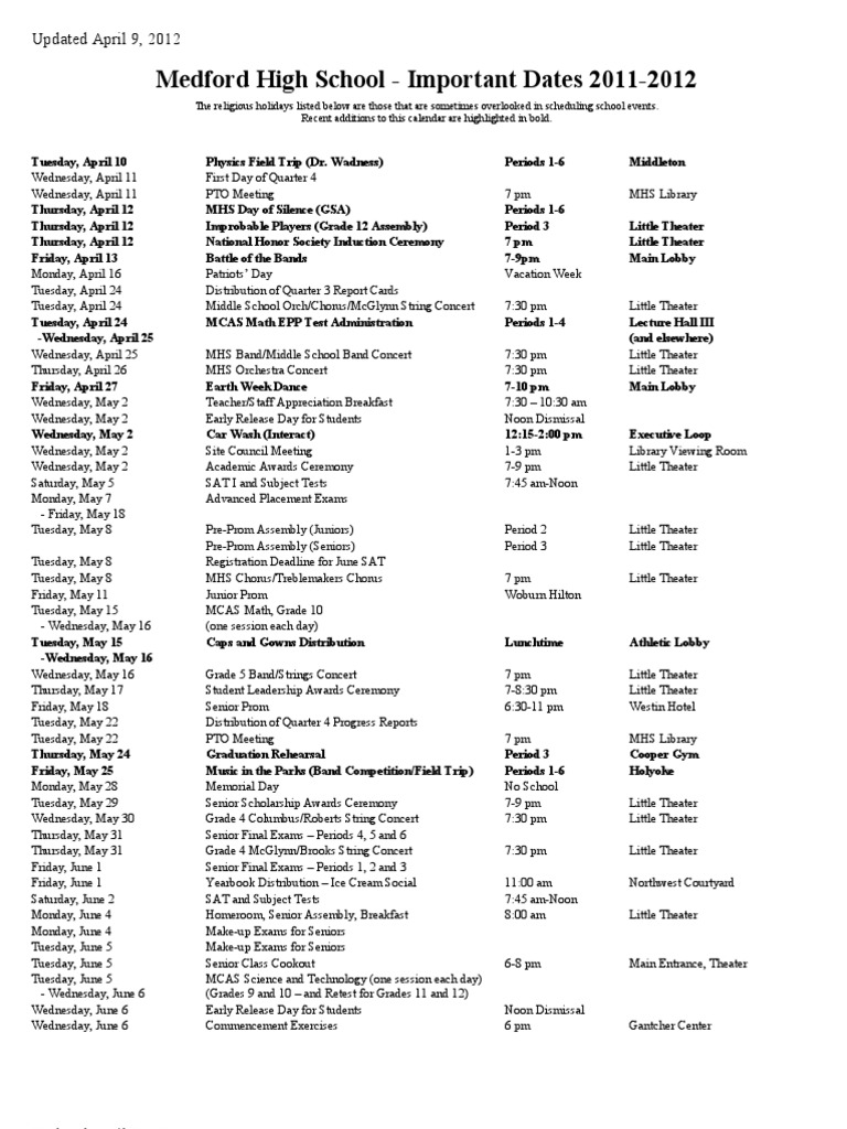 MHS Calendar of Important Dates Updated April 9, 2012 | PDF | Prom | Sat