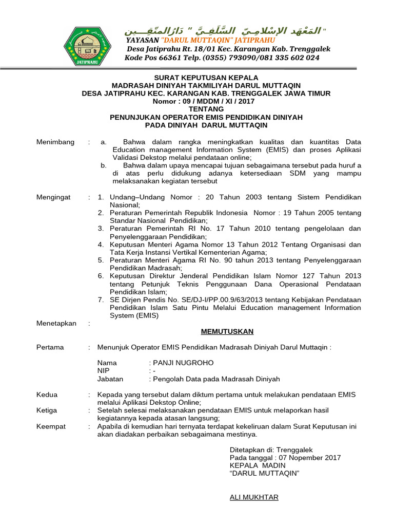Contoh SK OPERATOR EMIS DARUL MUTTAQIN | PDF