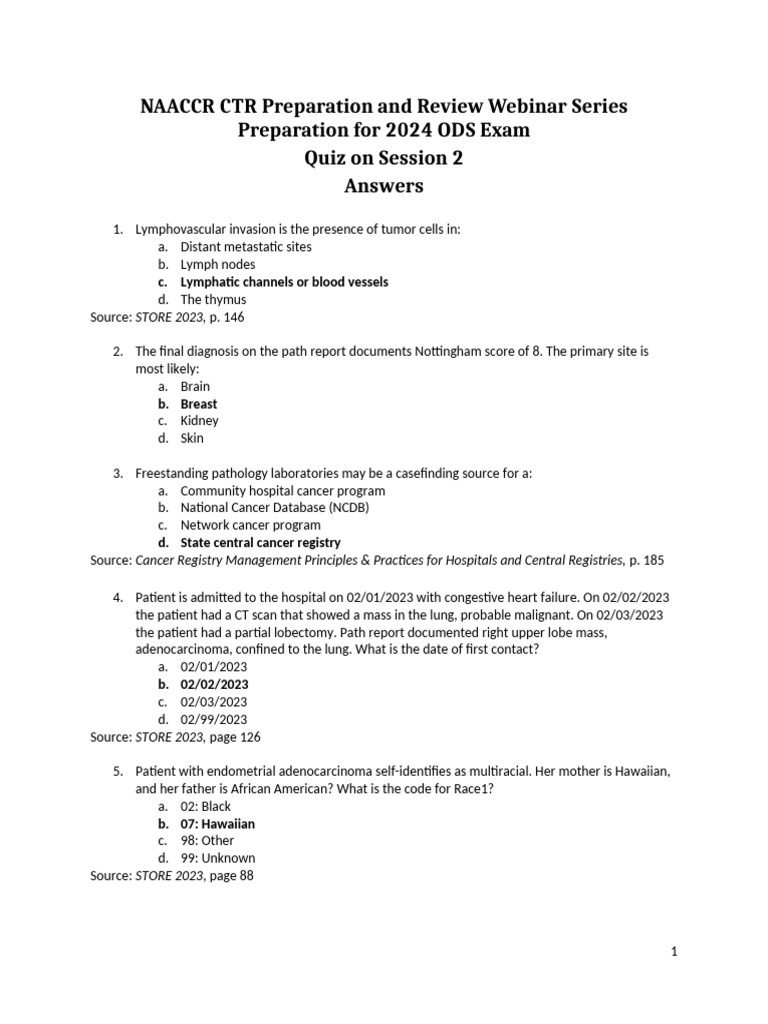2024 ODS Exam Prep: NAACCR Webinar Quiz | PDF | Breast Cancer | Metastasis