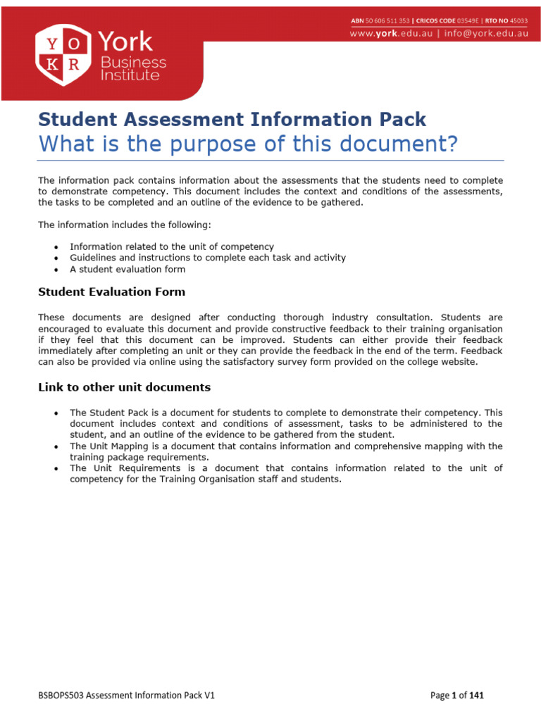 BSBOPS503 Student Assessment Information Pack V1.0 PDF | PDF | System | Information
