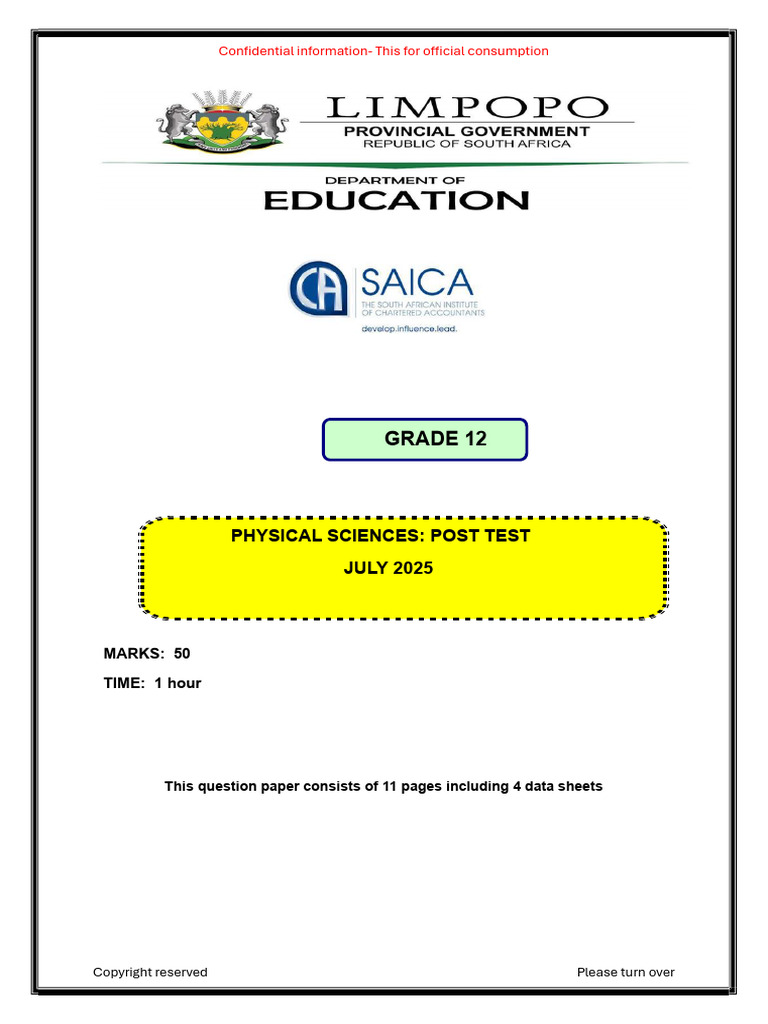 Grade 12 Physical Sciences Post Test 2025 | PDF | Velocity | Kinetic Energy