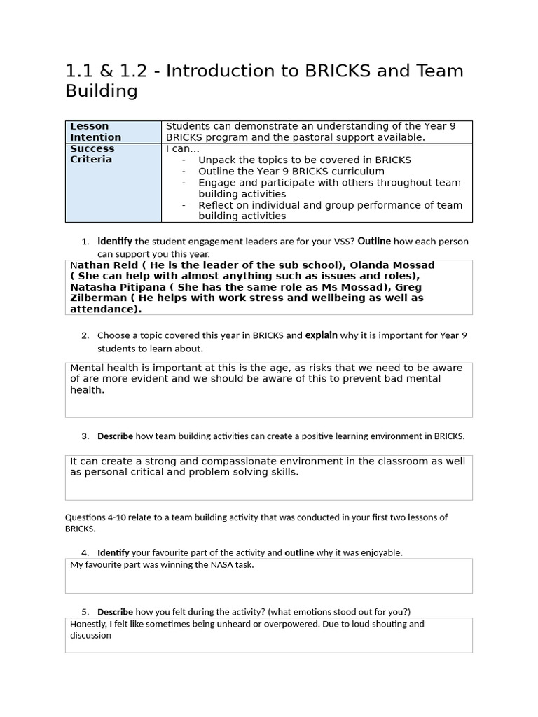 1.1 - BRICKS Introduction and Team Building | PDF | Pedagogy ...