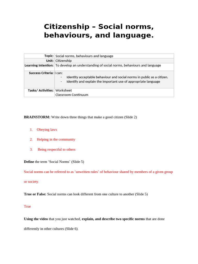1.3 Citizenship - Social and Behavioural Norms and Language Worksheet | PDF