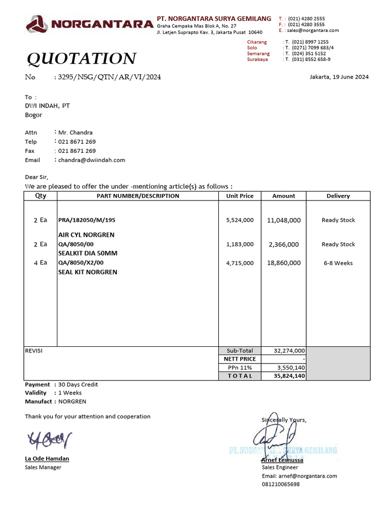 Quotation for DWI Indah, PT | PDF
