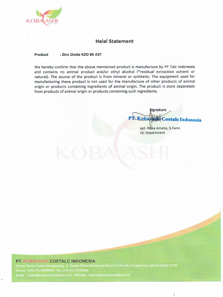 Halal Statement Zinc Oxide Kzo 85 Ast | PDF