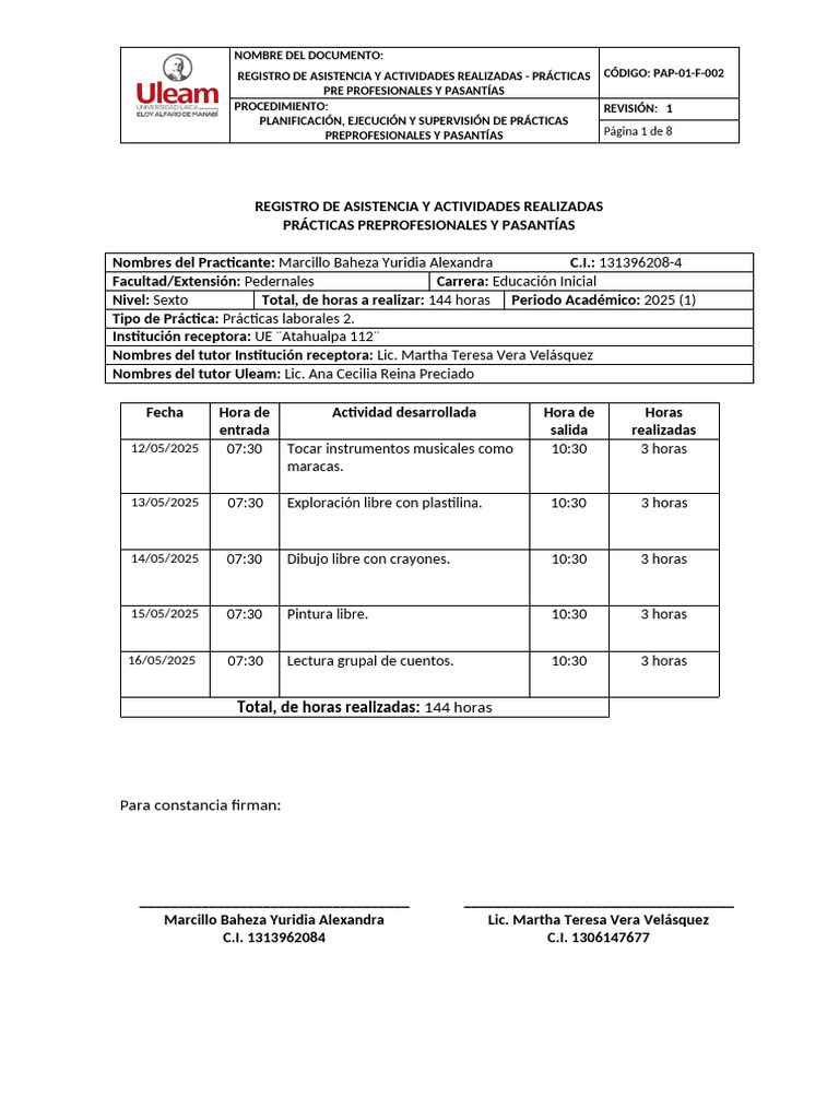 PAP 01 F 002 Registro Actividades Diarias Del Estudiante Yuridia ...