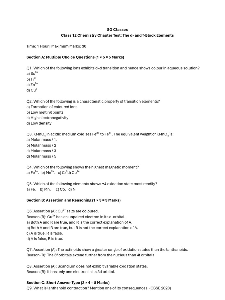 SG Classes | PDF | Redox | Transition Metals