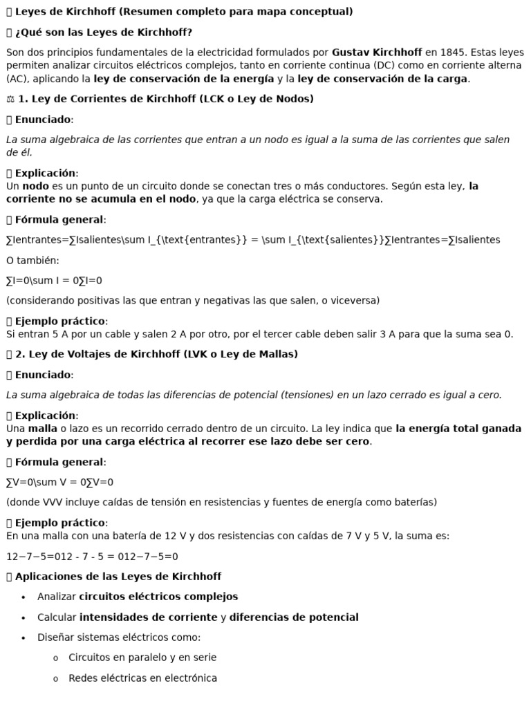 Resumen de las Leyes de Kirchhoff | PDF | Red eléctrica | Corriente ...