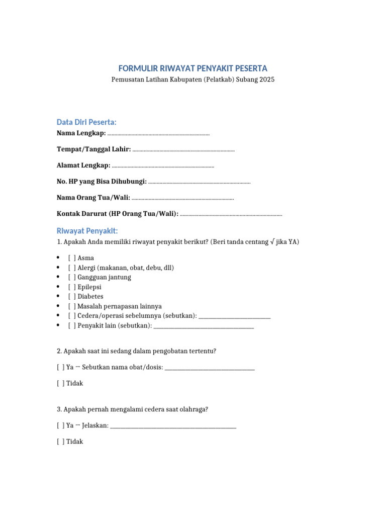 Formulir Riwayat Penyakit Pelatkab Subang 2025 | PDF
