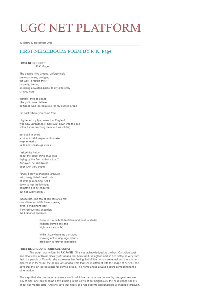 Ugc Net Platform - First Neighbours Poem by P. K. Page | PDF