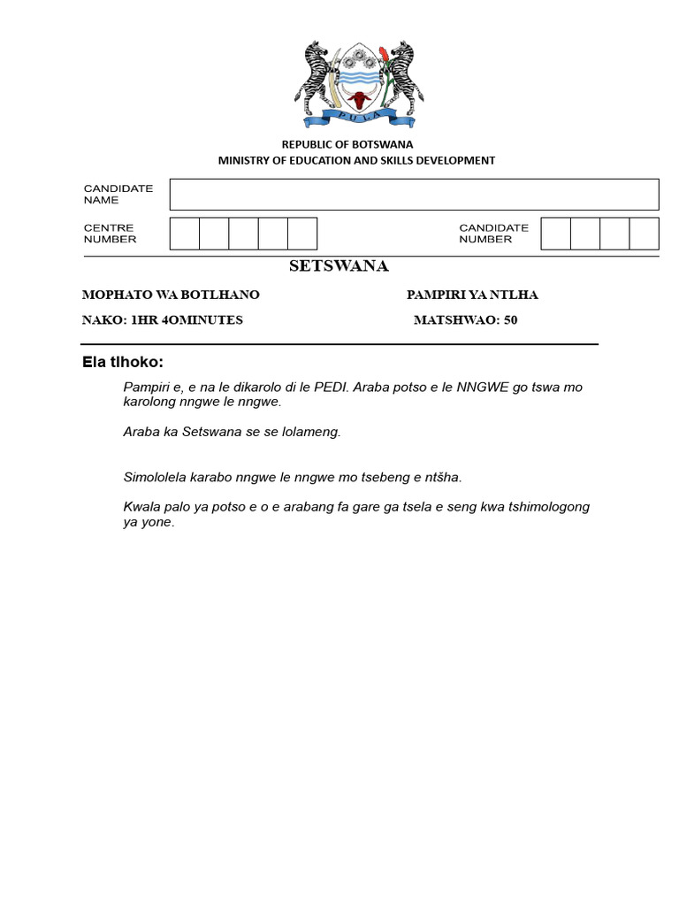 National Mock Setswana P1 2024 | PDF