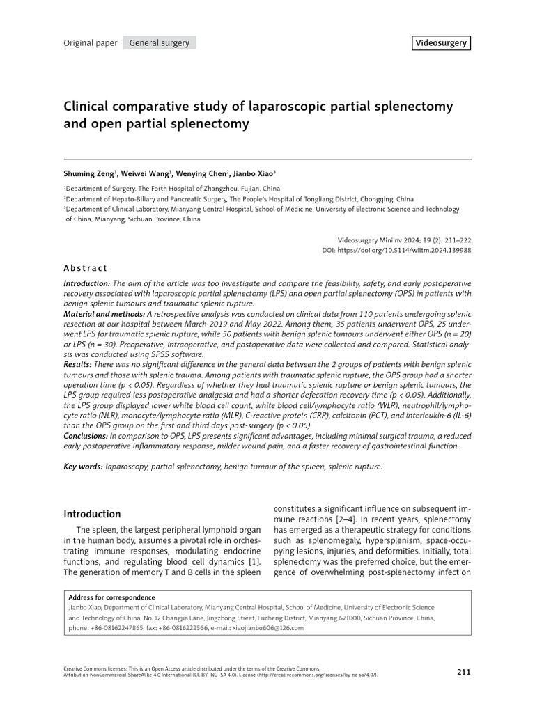 Laparoscopic vs Open Partial Splenectomy | PDF | Spleen | Surgery