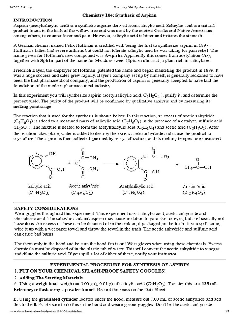Chemistry 104 Synthesis of Aspirin | PDF | Aspirin | Chemical Substances