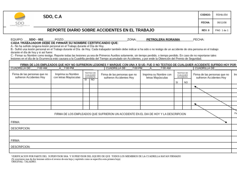 RSHA-054 Reporte Diario Sobre Accidentes en El Trabajo | PDF