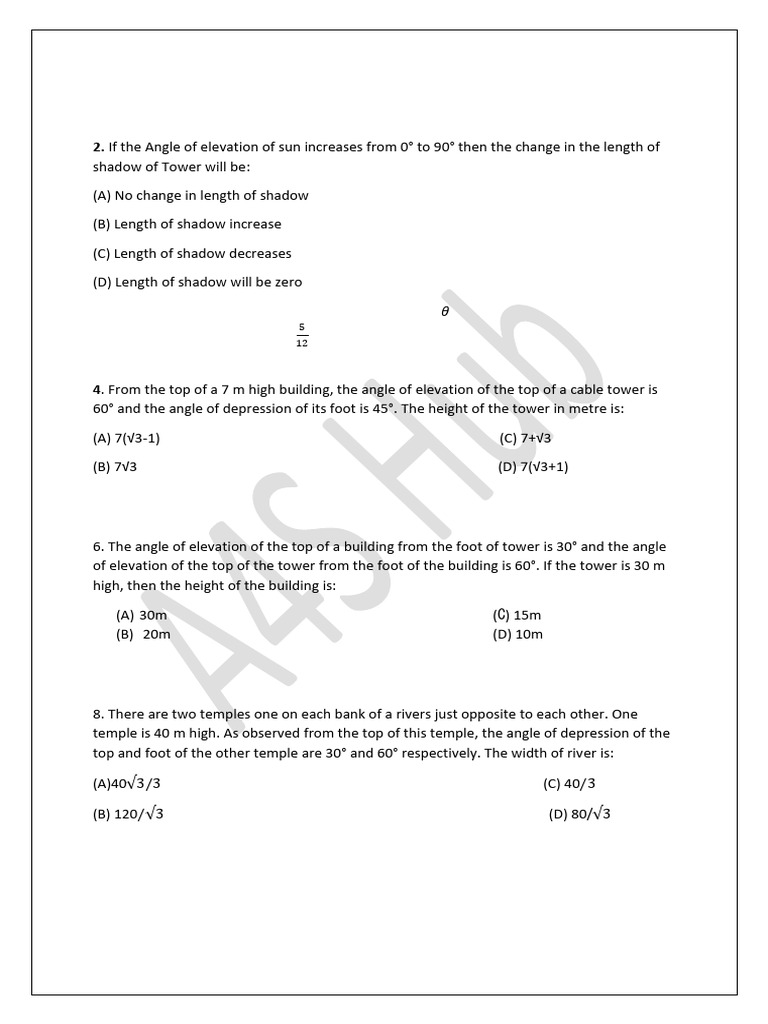 9.application of Trigonometry Top 25 Done | PDF | Angle | Shadow