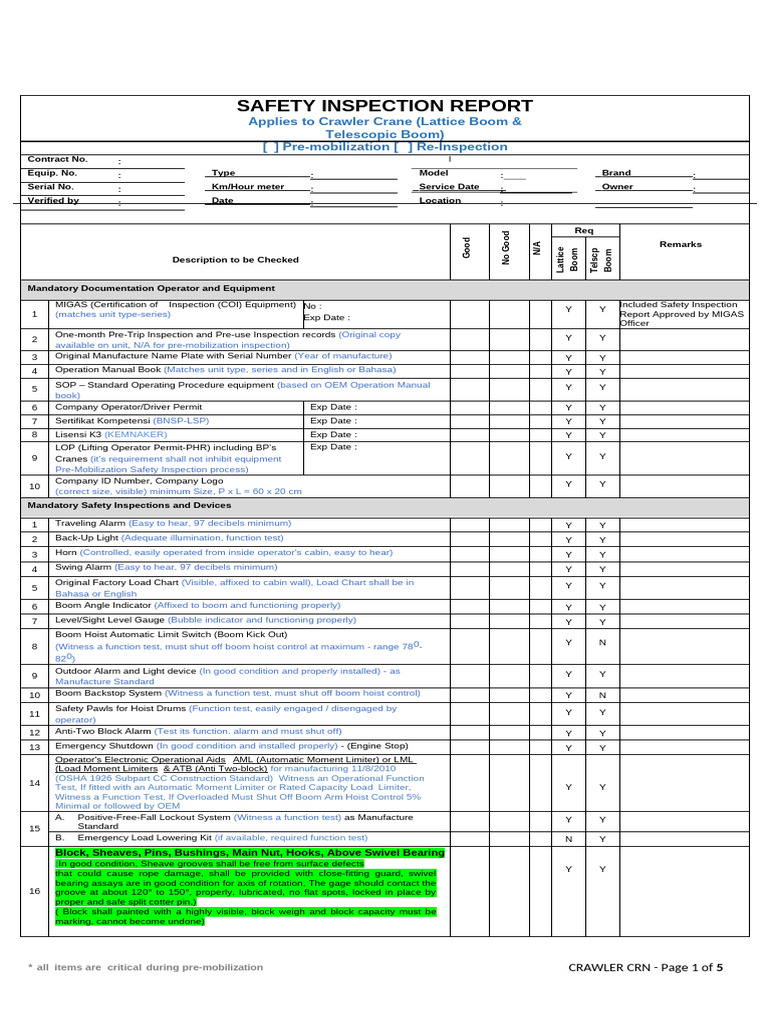 Crawler Crane Pre-Mobilization Safety Checklist | PDF | Crane (Machine ...