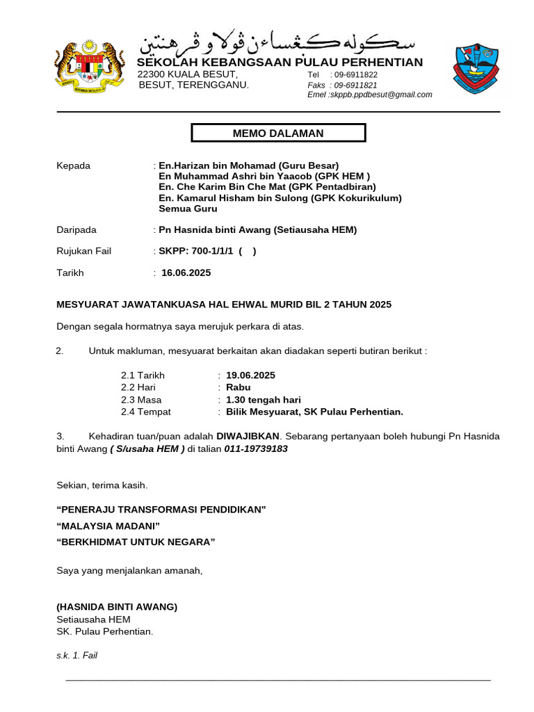 Memo Panggilan Mesyuarat JK Hem Bil 2 Tahun 2025 | PDF