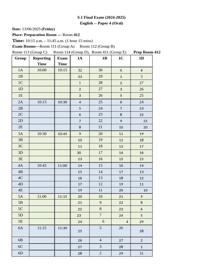 S.1 Speaking Exam Grouping Final Term Examination 2024 | PDF | Chess ...