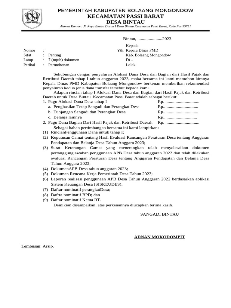 Format Pengajuan Dan RPD ADD_DBH Tahap I 2023 | PDF