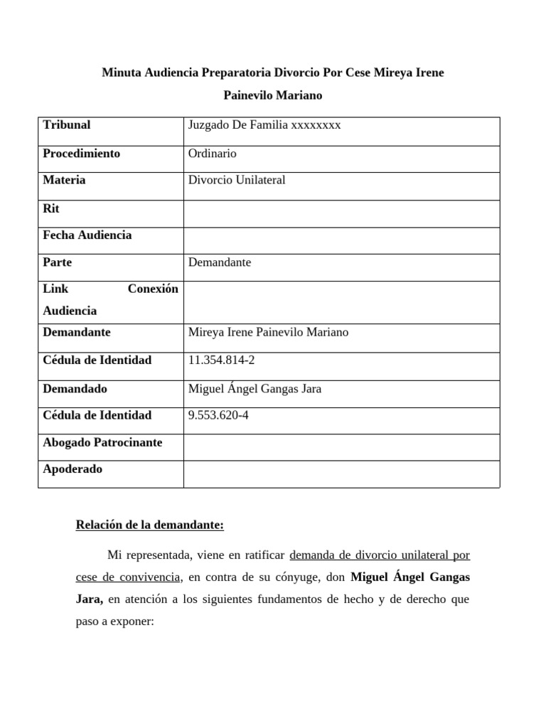 Minuta A. Preparatoria - Mireya Painevilo | PDF | Divorcio | Matrimonio