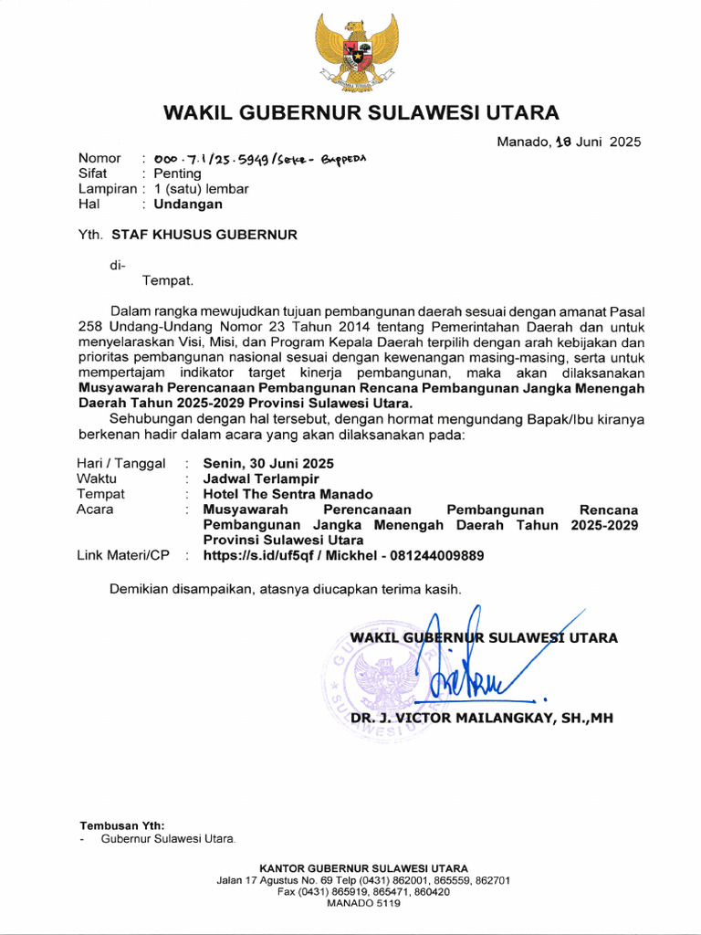 Surat Undangan Musrenbang RPJMD Tahun 2025-2029 (Staf Khusus Gubernur ...