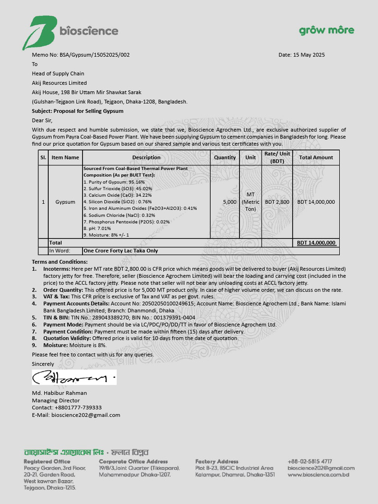 Bioscience Quotation For Akij Cement (15-May-2025) | PDF | Atoms ...