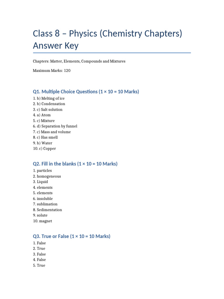 Class 8 Physics Answer Key & Notes | PDF | Mixture | Chemistry