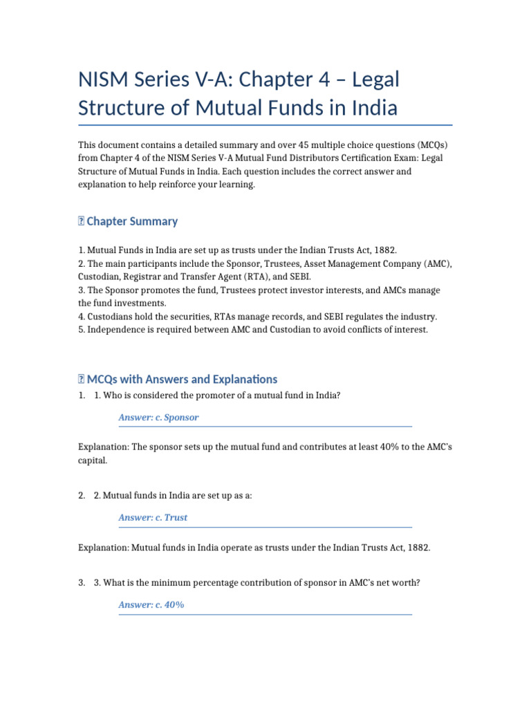 NISM 5A Chapter 4 MCQs and Summary | PDF | Mutual Funds | Multiple Choice