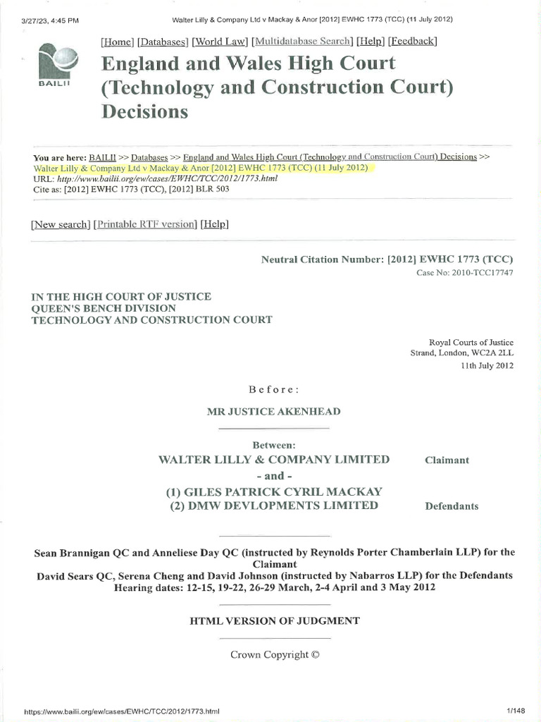 Water Lilley & Company LTD V Mackay & Anor | PDF