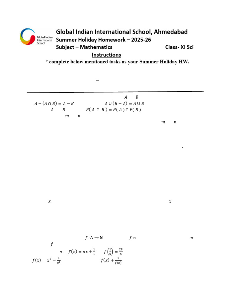 Mathematics Summer Homework Class XI | PDF | Mathematical Concepts ...