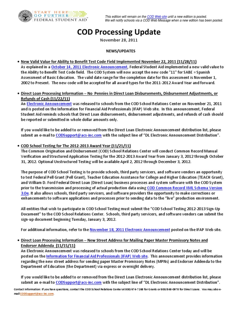 COD Processing Update | PDF | Student Financial Aid In The United ...