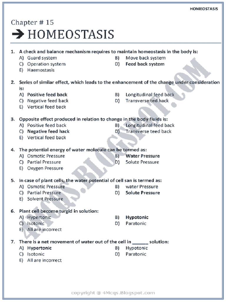O Homeostasis Mcqa | PDF