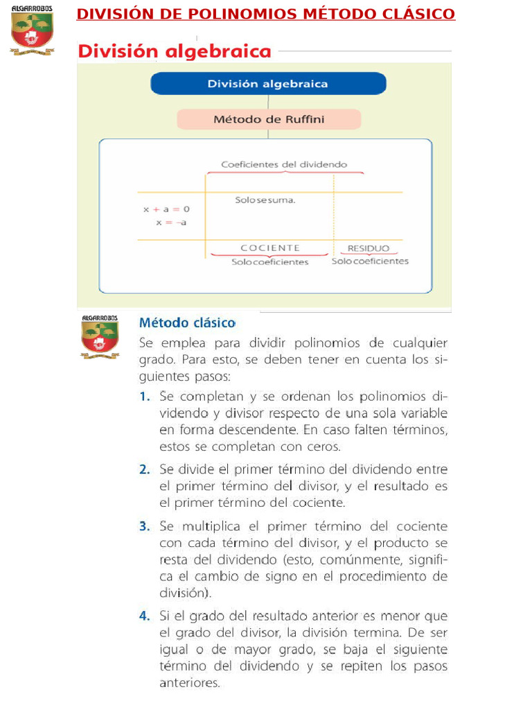 División de Polinomios Método Clásico y Ruffini | PDF