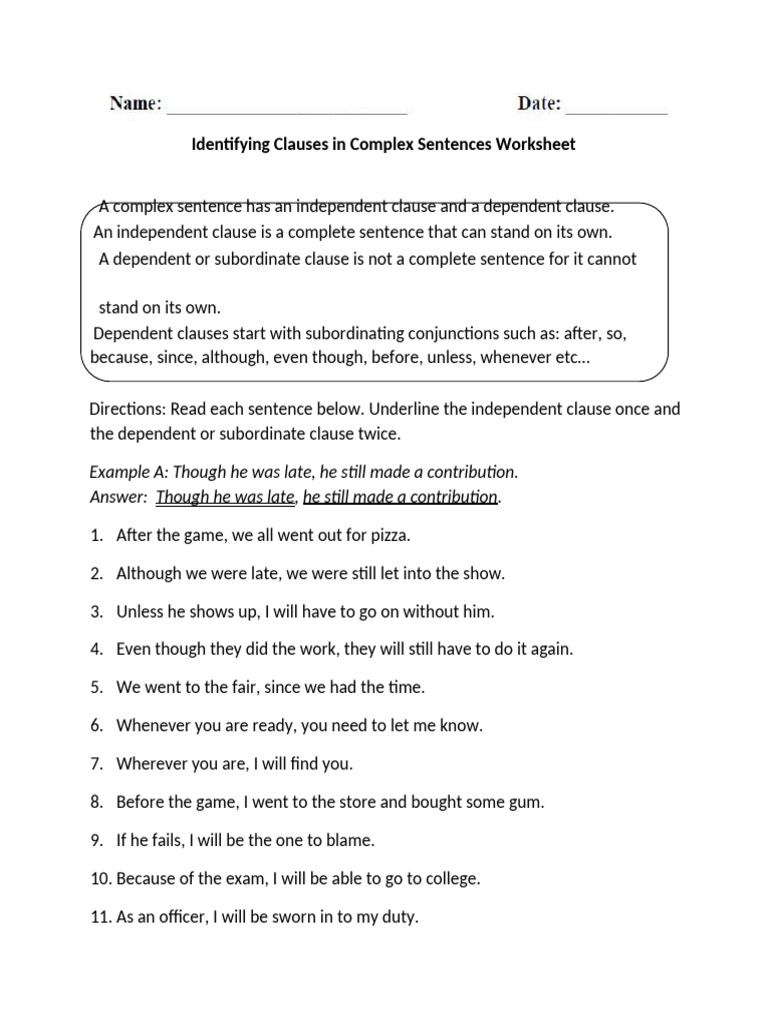 Identifying Clauses in Complex Sentences Worksheet | PDF