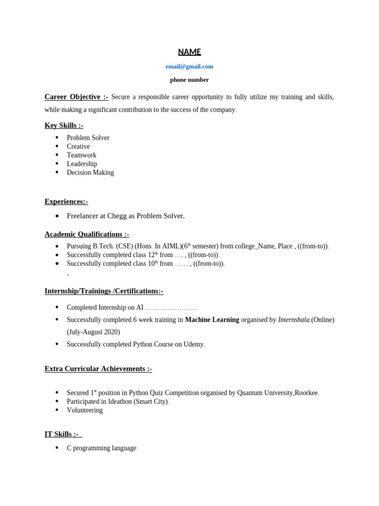 B.Tech CSE Resume with AI Skills | PDF