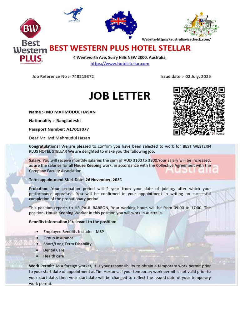 Australia Work Permit Confirmation Letter | PDF | Employment | Private Law
