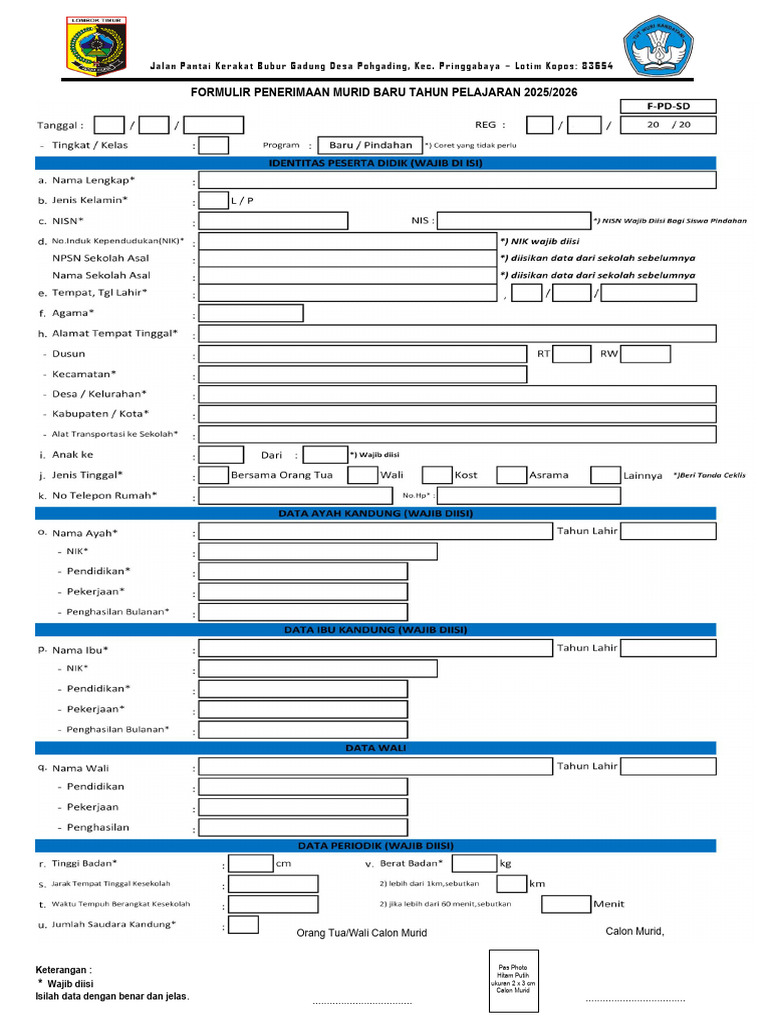 Formulir Penerimaan Siswa Baru Tahun 2025-2026 SDN 6 Pohgading | PDF