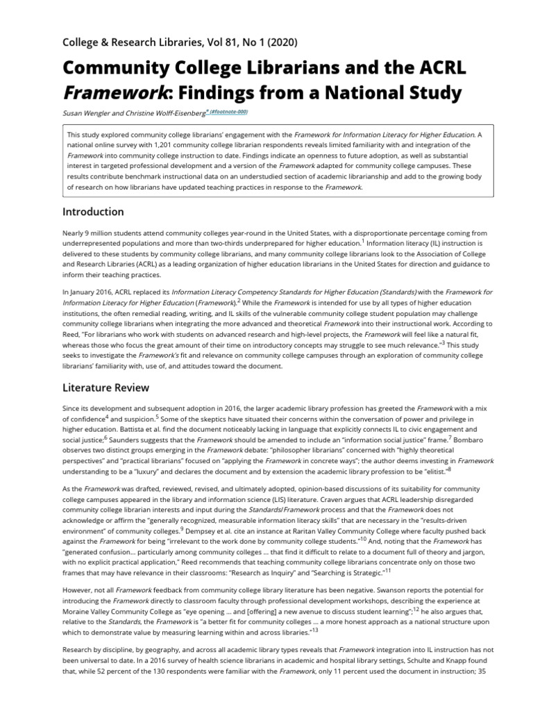 Community College Librarians and The ACRL Framework | PDF | Librarian ...
