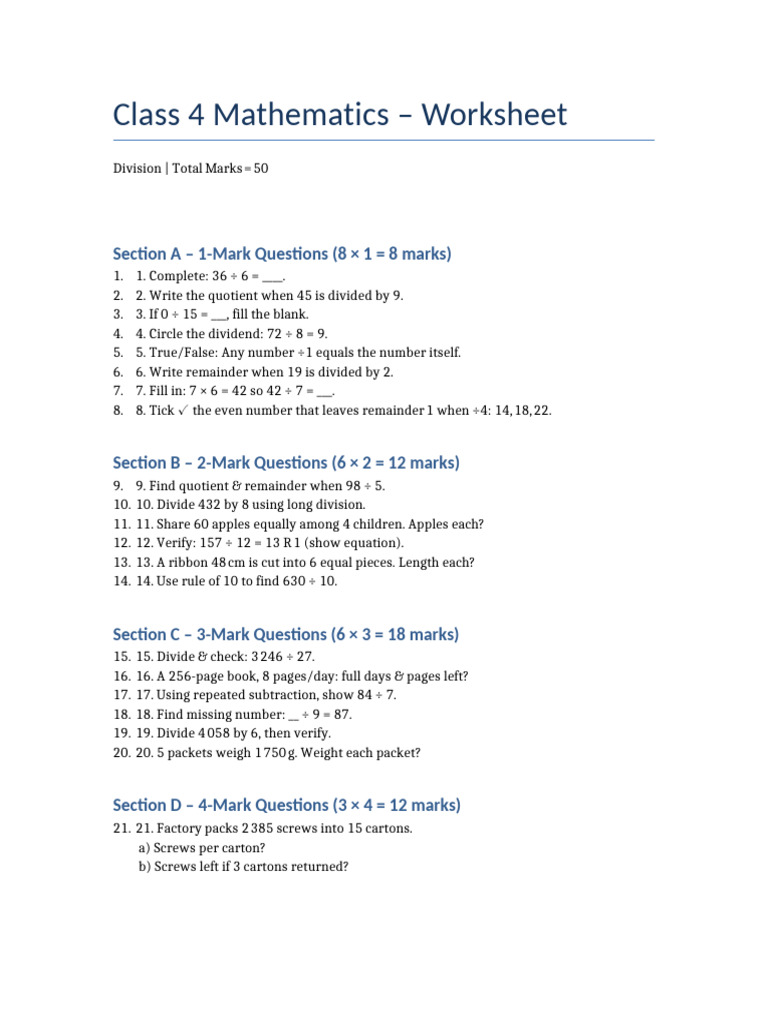 Class4 Division Worksheet | PDF