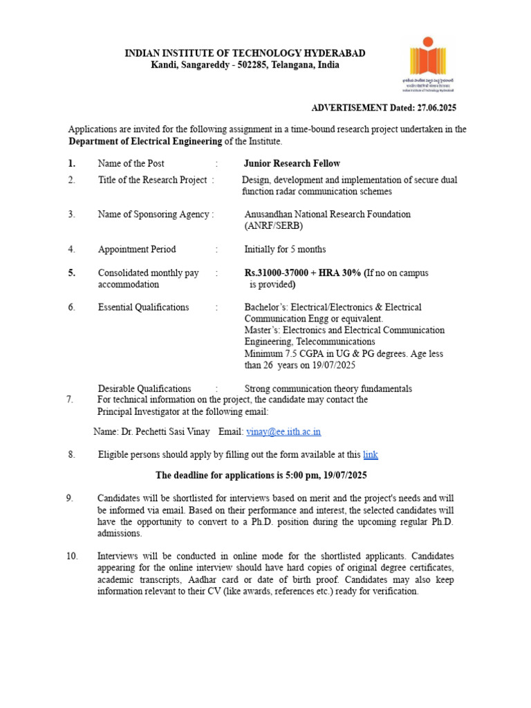 Advertisement-JRF-in-ANRF Ee Iith 2025 | PDF | Chess Theory