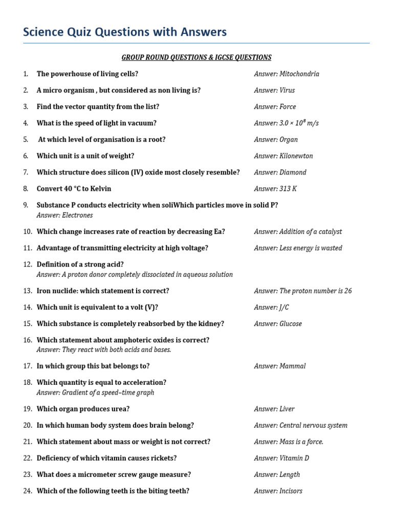 Science Quiz Questions and Answers | PDF | Chemical Elements | Aluminium