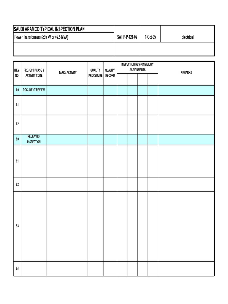 Saudi Aramco Transformer Inspection Plan | PDF | Transformer ...