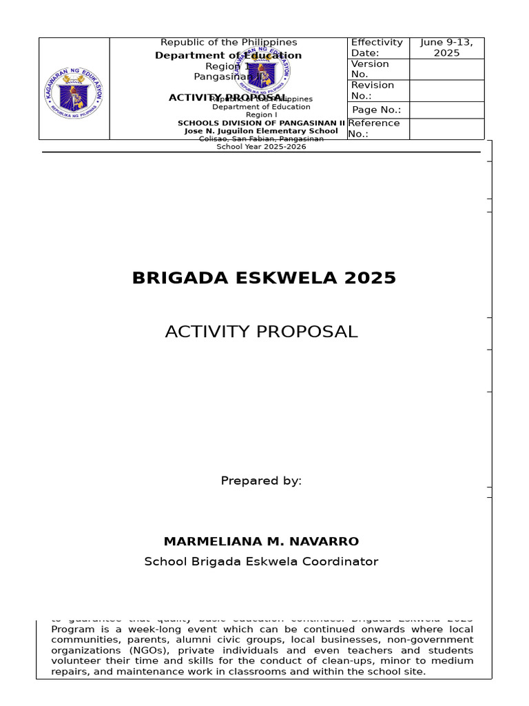 Brigada Eskwela Activity Proposal | PDF