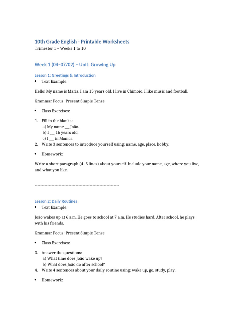 Full English Worksheets 10th Grade Trimester1 | PDF