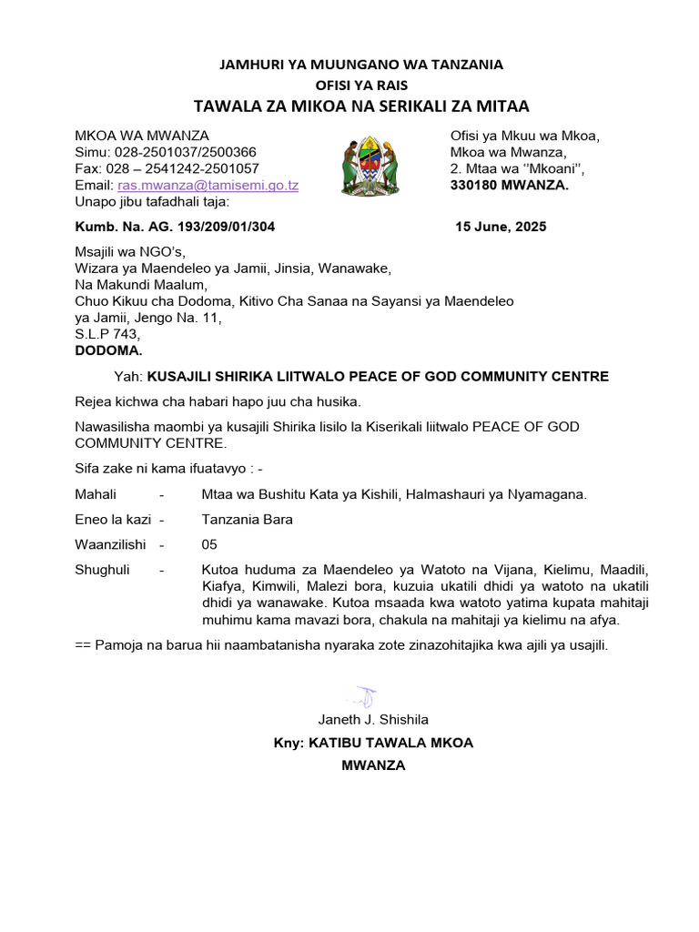 Barua-Utambulisho-Ngo - Peace of God Community Centre | PDF