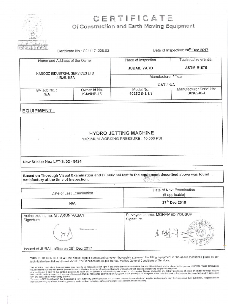 HPJ Equip Test Certificates | PDF