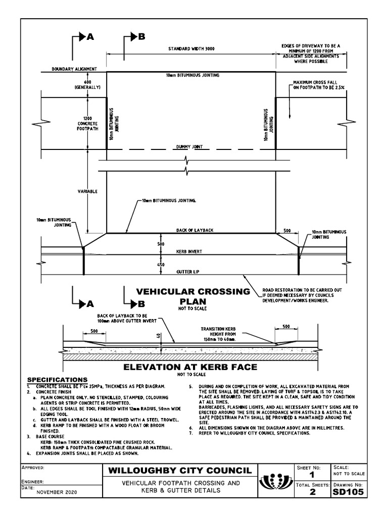 1 SD105 Vehicular Footpath Crossing Kerb - Gutter - Detail | PDF