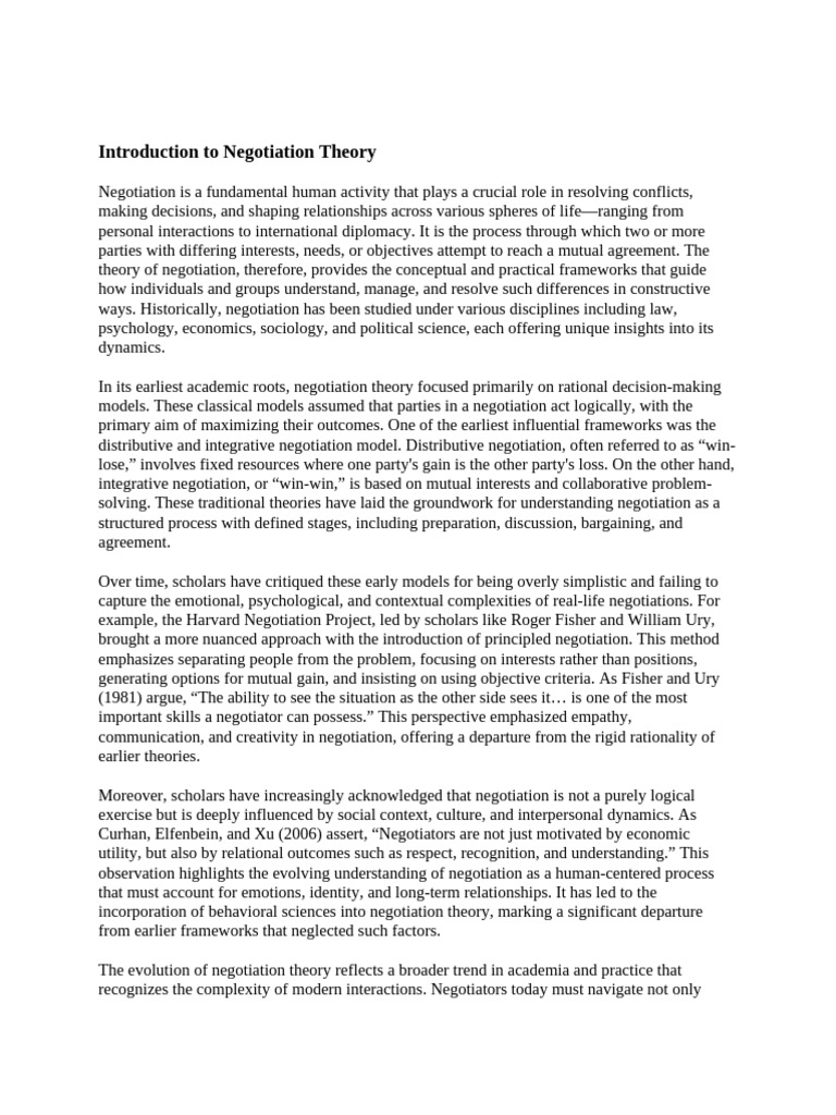 Introduction To Negotiation Theory | PDF | Negotiation | Theory